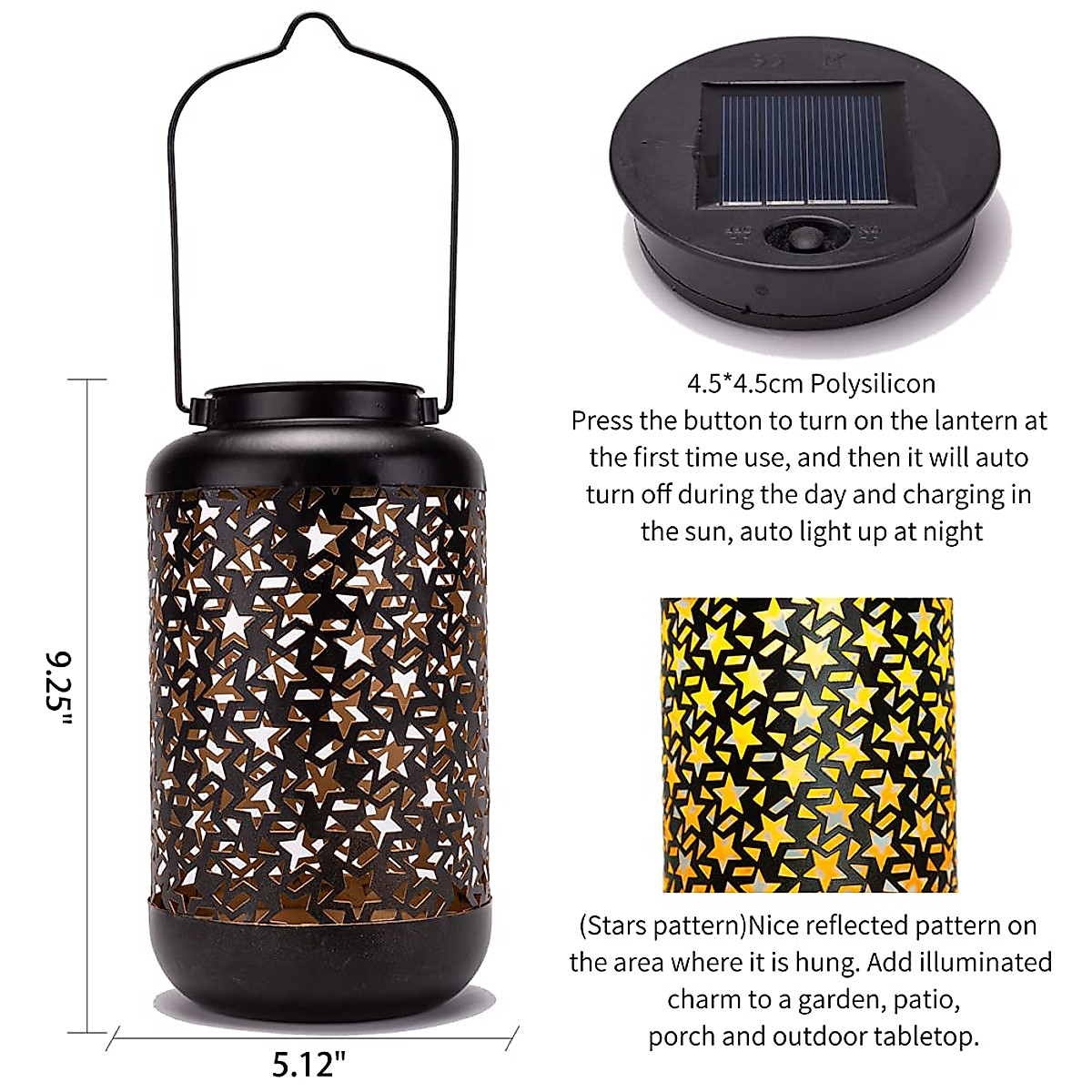 CASLONEE Outdoor Solar Lanterns Hanging Garden Lights Porch Decoration Warm White Lantern Hollow Out LED Lights Solar Powered Tabletop Lamp (1 Pack)