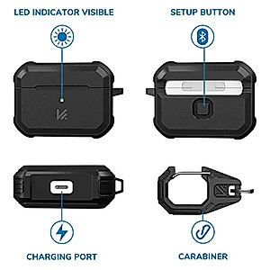 KMMIN Compatible for AirPods Pro Case Cover, Full-Body Rugged Hard Shell Protective Shockproof Case Cover with Carabiner for Apple AirPod Pro Support Wireless Charging[Front LED Visible], Black
