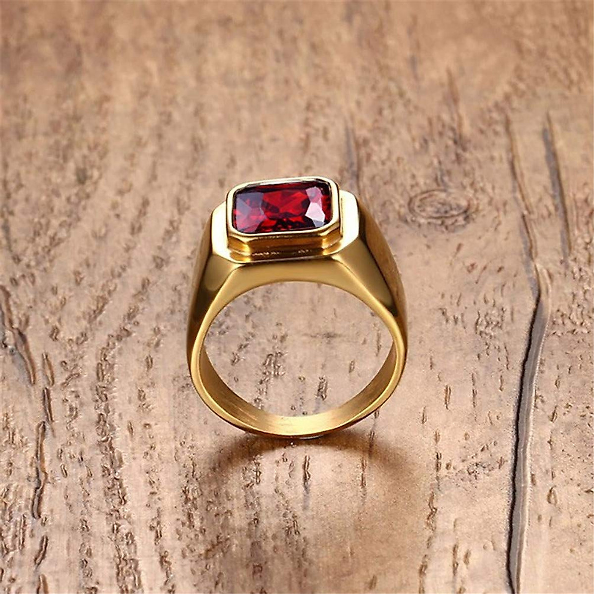 PMTIER Men's Stainless Steel Simple Gold Plated Ring with Square Red Gem Stone Size 10