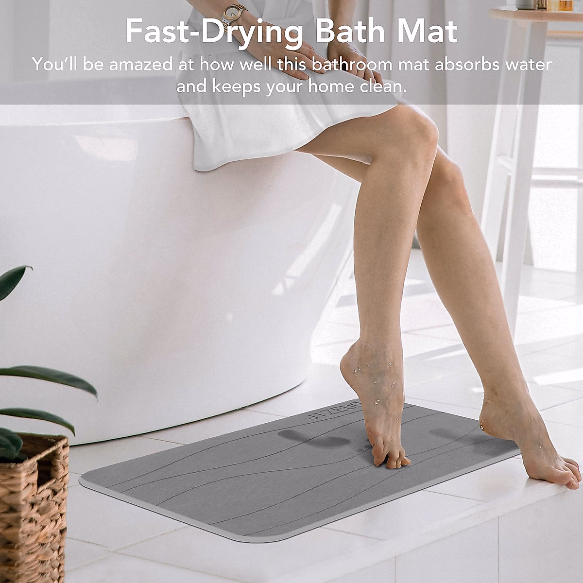 JIZEUO Stone Bath Mat, Diatomaceous Earth Shower Mat, Non-Slip Super Absorbent Quick Drying Bathroom Floor Mat，2 Pack, Grey