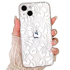 Lovmooful Compatible for iPhone 13 Case Cute Clear Hibiscus Flower Floral Aesthetic Printed Design for Girls Women Soft TPU Shockproof Protective Girly for iPhone 13-White