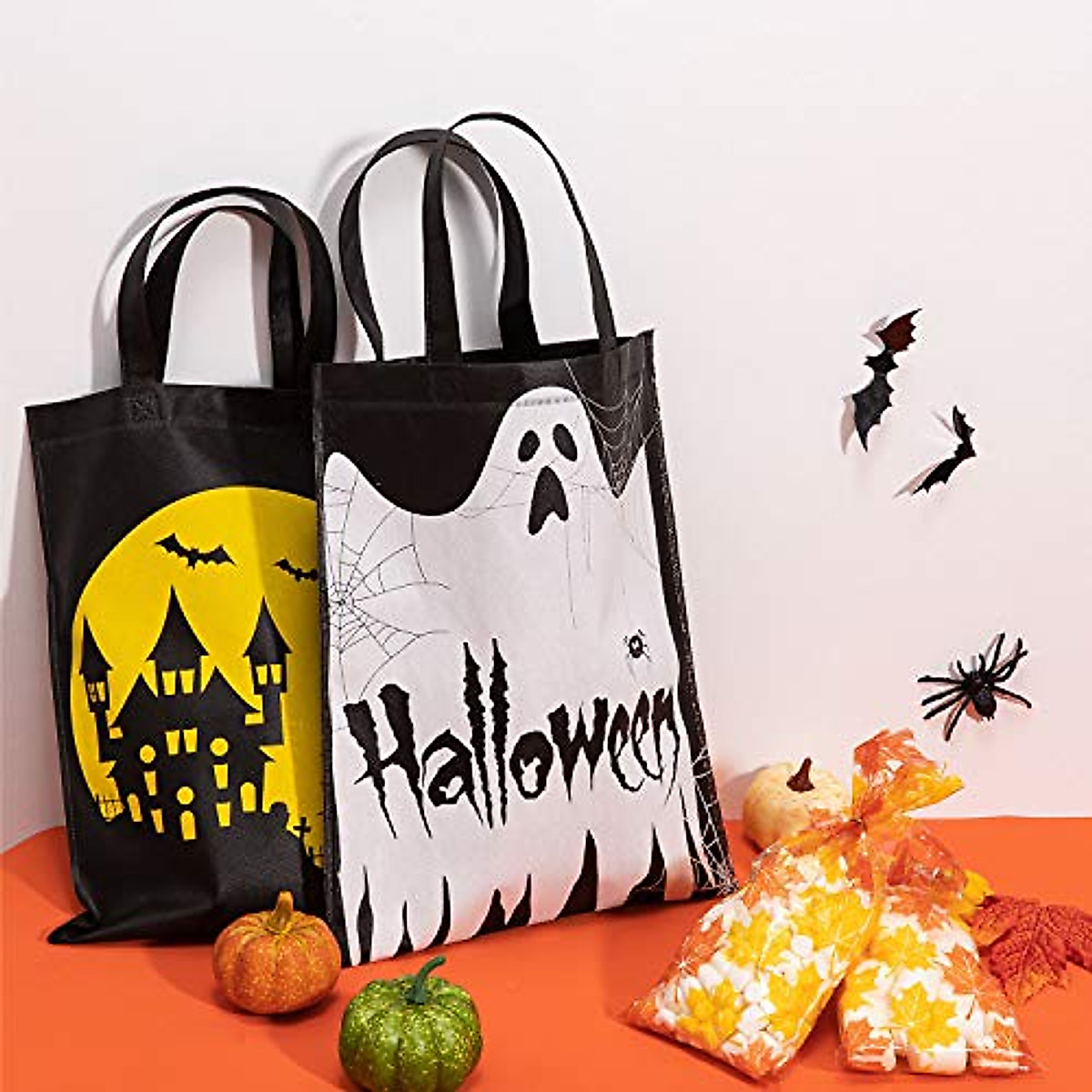 Whaline 12 Pack Halloween Trick or Treat Bags Non-Woven Tote Gift Bag Skull Pumpkin Web Spider Witch Candy Bags Reusable Goodie Treat Bag with Handle for Halloween Party Favors, 12 x 15"