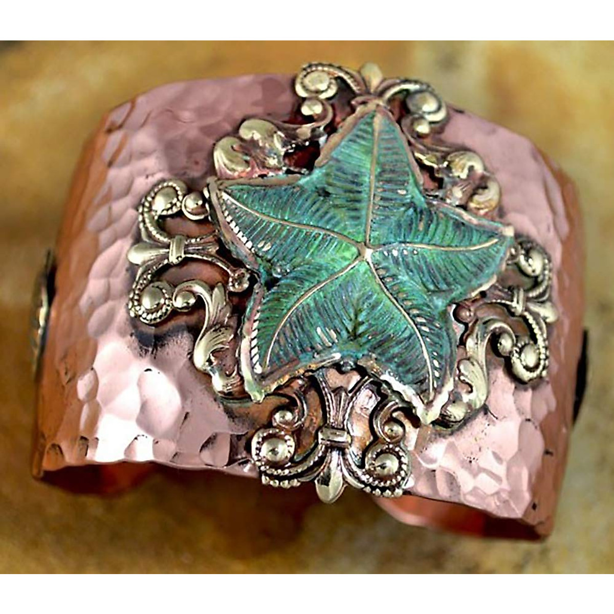 Elaine Coyne Collectible Artwear Forged Copper and Patina Brass Neo-Oceania Starfish on Filigree with Scallop Shells Dynamic Cuff