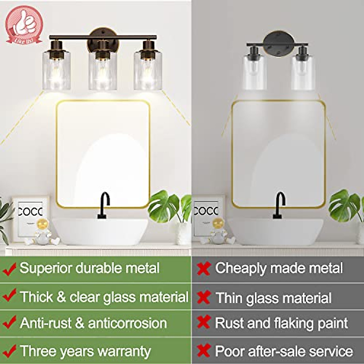 3-Light Bathroom Light Fixtures, Oil Rubbed Bronze Bathroom Wall Lights, Modern Bathroom Vanity Light with Clear Glass Shade, Bathroom Wall Lamp for Mirror Kitchen Bedroom Living Room Hallway Cabinet