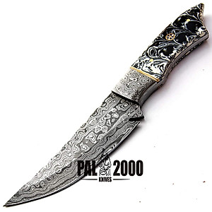 PAL 2000 HUNTING KNIVES KNI-9399 Handmade Damascus Steel Bowie Knife With Leather Sheath