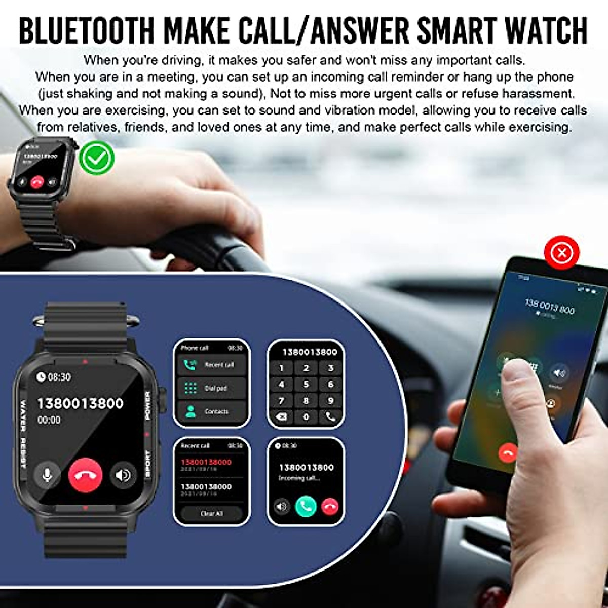 Indekos Smart Watches for Men Women,1.85" Big LCD Screen Bluetooth Calling Sport Rugged Fitness Tracker IP67 Life Waterproof Smartwatches Compatible with iPhone Android Phones (Black)