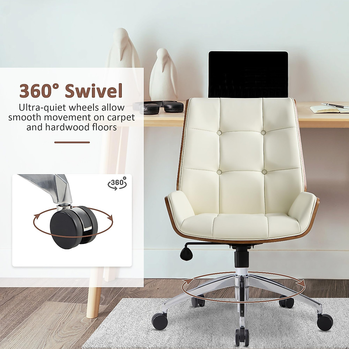 Executive Office Chair, Ergonomic Computer Desk Chair with Adjustable Height and Tilt Function, Solid Wood Arms and Base, 360° Swivel Leather Office Chair for Office Home Work, Creamy White