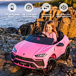 Rock Wheels Licensed Lamborghini Urus Ride On Truck Car Toy, 12V Battery Powered Electric 4 Wheels Kids Toys w/Parent Remote Control, Foot Pedal, Music, Aux, LED Headlights, 2 Speeds (Pink)