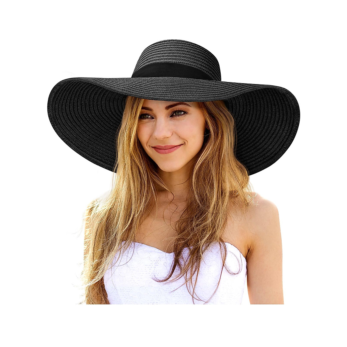 Womens Sun Hat UV Protection Wide Brim Beach Hat Floppy Foldable Roll-Up Straw Hats for Women UPF 50 Black