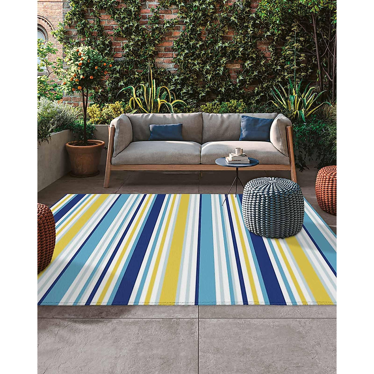 Blue Yellow Striped Outdoor Rug for Patio/Deck/Porch, Non-Slip Large Area Rug 4 x 6 Ft, Farmhouse Navy Blue Ombre Stripes Indoor Outdoor Rugs Washable Area Rugs, Reversible Camping Rug Carpet Runner