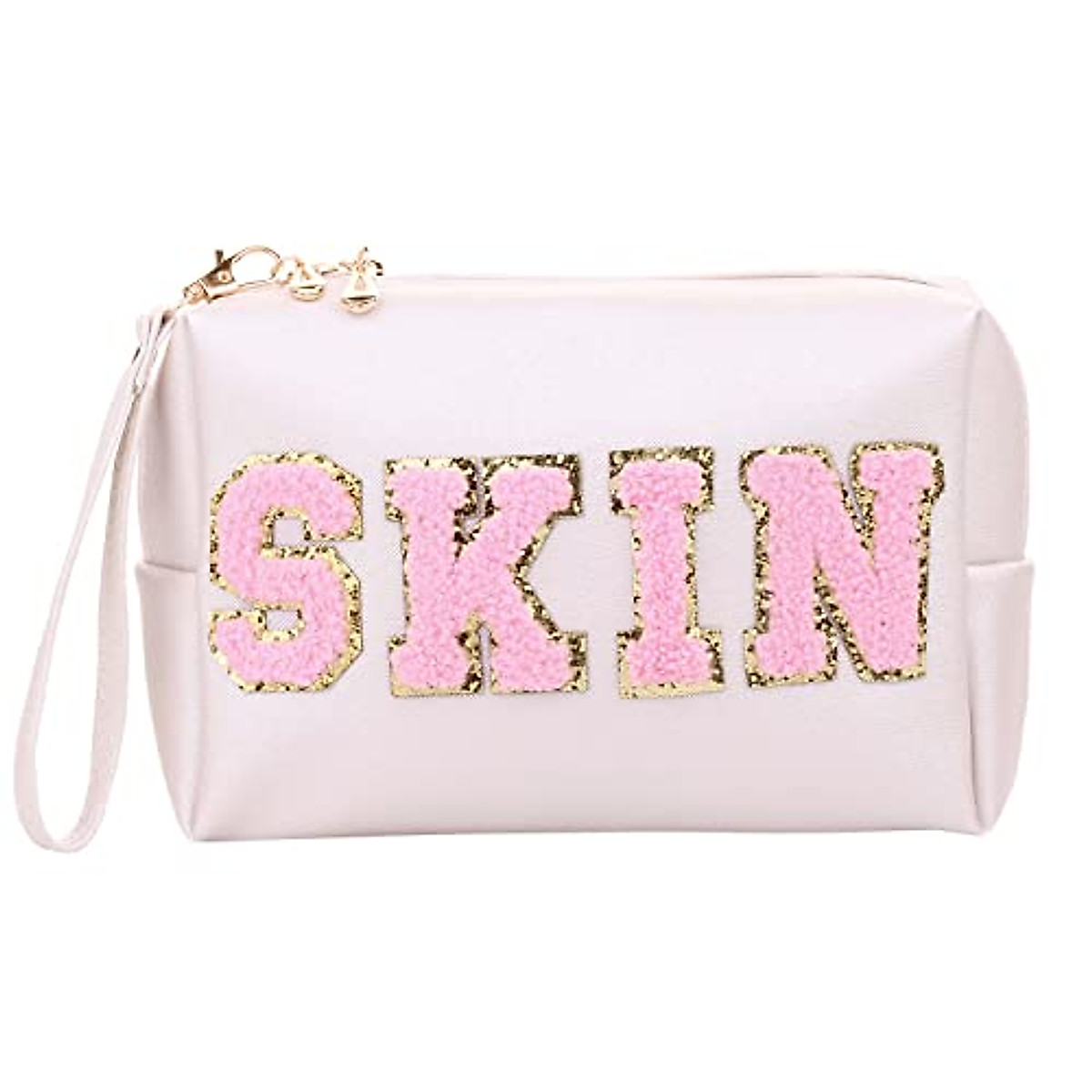 oaesc Cosmetic Bag Chenille Letter Patches Waterproof Travel Pouch PU Makeup with Wrist Strap Bags (Beige-SKIN)