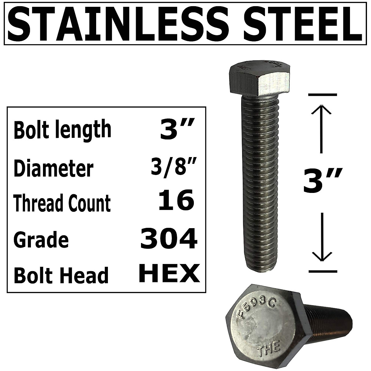3/8" -16 x 3-304-STAINLESS Steel Bolts, Nuts & WASHERS - 18-8 HEX Head Bolt - 304 Grade. General Purpose (10) Bolts + (10) Nuts + (10) Washers