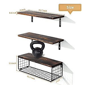 Floating Shelf ,Floating Shelves Wall Mounted Set of 3 ,Solid Wood Floating Shelves with Brackets and Basket Set,Rustic Wood Wall Shelves for Kitchen Living Room,Bedroom Shelves,Bathroom Shelf (Black)