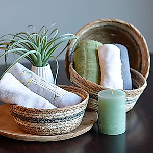 Coastal Grey Stripes 3 Piece Basket Set, Shelf Organizers, Corn Husk Wicker, Chunky Rope Weave, Stitched, Diameter 9.75 Inches