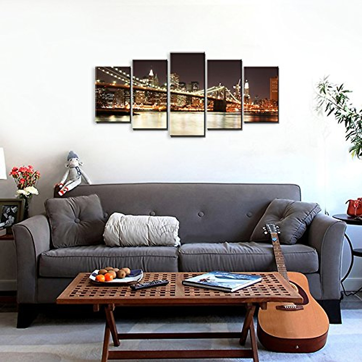 Wieco Art 5 Piece Giclee Canvas Prints Wall Art The Brooklyn Bridge Landscape Pictures Photo Paintings for Living Room Bedroom Home Decorations Modern Stretched and Framed City Skyline Art Work