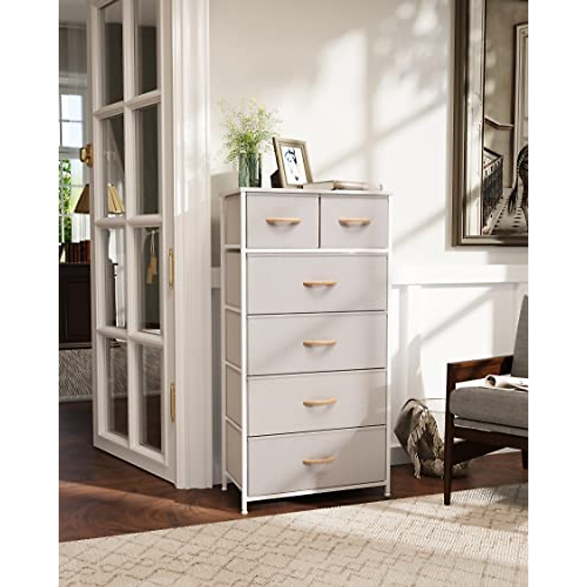 VredHom Tall Dresser Organizer, 6 Drawers Dresser Fabric Storage Closets Storage Units Organizer Tower Steel Frame Wooden Top for Bedroom, Hallway,Nursery, Entryway(Beige)