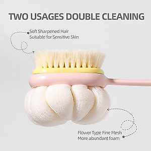 Yiesoum Body Shower Brush with Bristles and Loofah,Back Scrubber Bath Mesh Sponge with Long Handle for Skin Exfoliating Bath, Massage Bristles Suitable for Wet or Dry, Men and Women (Pink & Green)