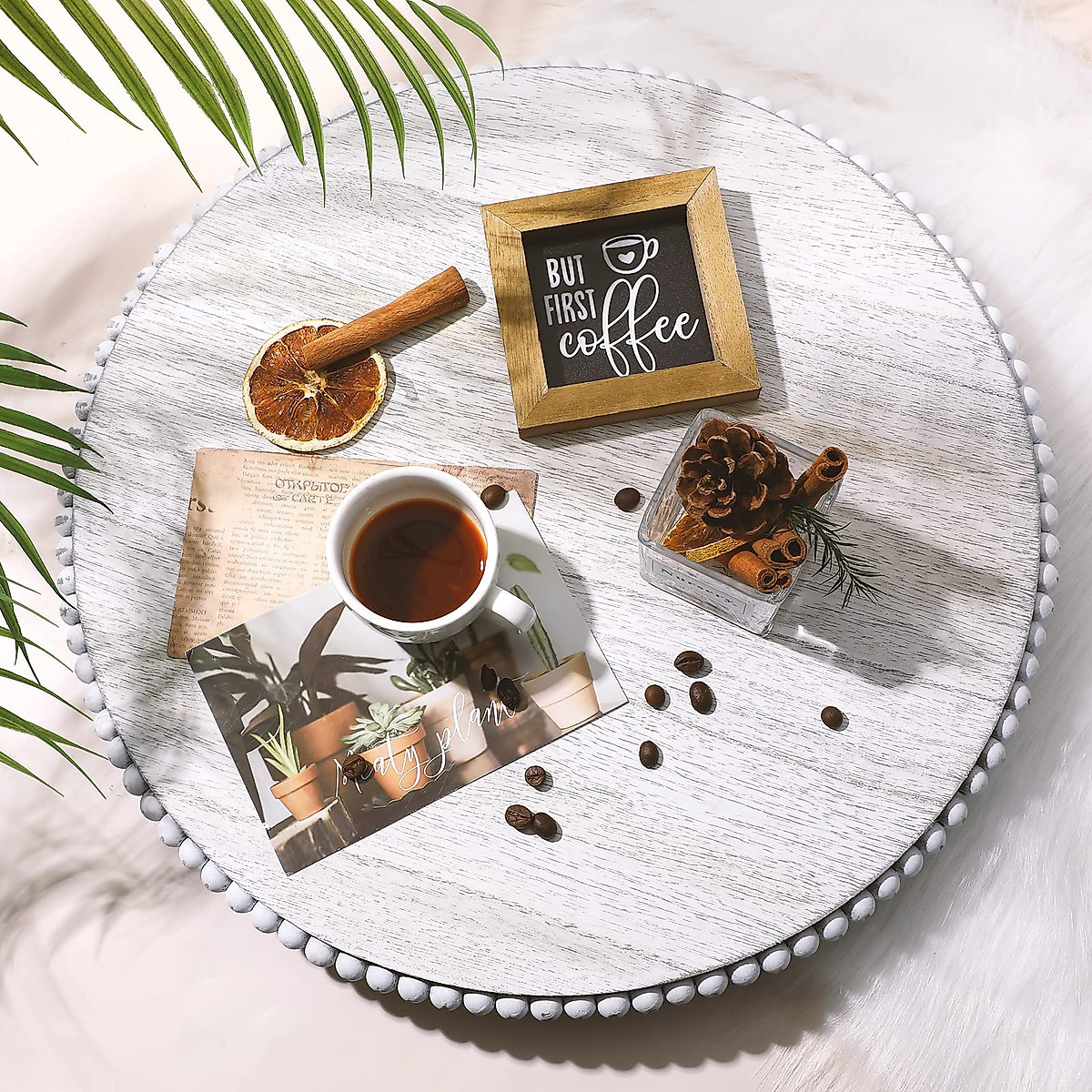 16" Beaded Lazy Susan Wooden Kitchen Turntable 360 Degrees Rotating Table Spinner Tray Round Kitchen Organizer Farmhouse Lazy Susan for Table Cabinet Spice Pantry Counter Storage Organization (White)