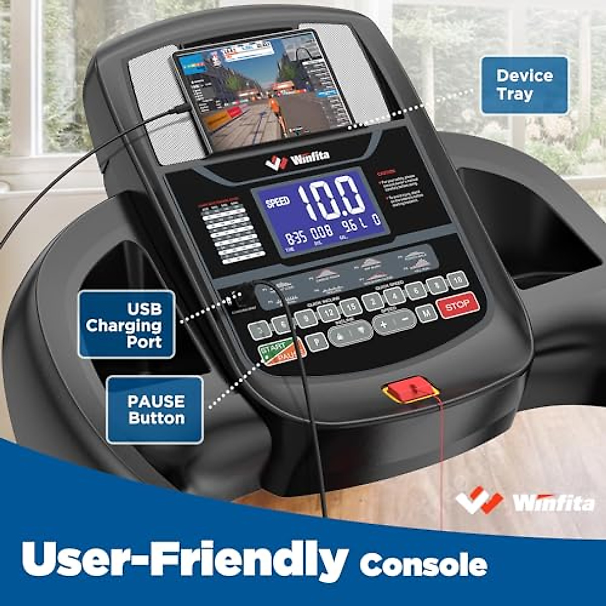 Winfita 4.5HP Foldable Treadmill for Home with 15% Auto Incline, 300 LB Capacity, 10 MPH Speed, 50"x18" Belt, App & Bluetooth Speakers, Charging Port, Tablet Holder, Pause Function, 64 Preset Programs