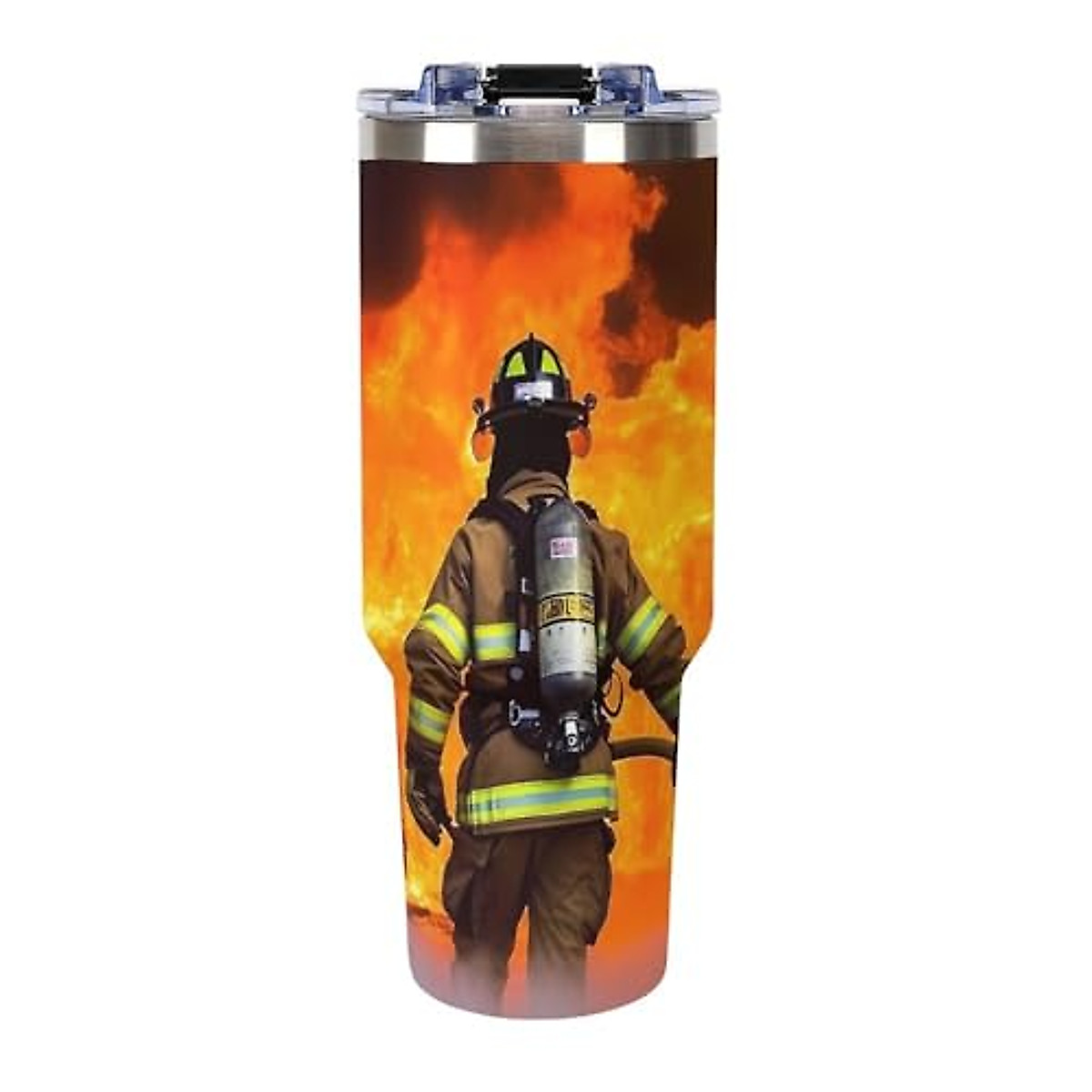 NVBSKKDH Firefighter Fireman Flame 40 Oz Stainless Steel Tumbler with Handle & Straw Double-Walled Vacuum Insulated Travel Mug for Hot/Cold Drinks, Reusable Thermal Cup for Car Cup Holder