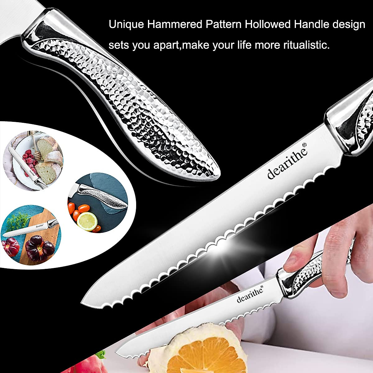 dearithe Serrated Utility Knife 6.5 Inch,High Carbon Stainless Steel Kitchen Knife with sheath, For Slicing Tomatoes or Crusty Bread, Dishwasher safe