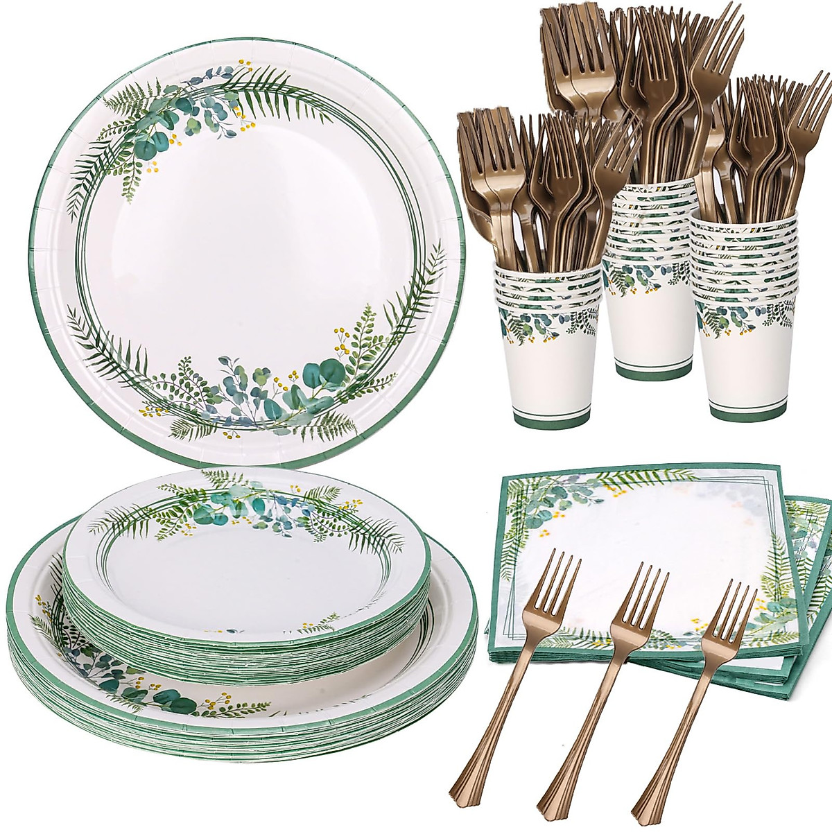 Decodinli 100 PCS Greenery Party Supplies, Greenery themed Disposable Plates and Napkins for Bridal Shower Decorations, Birthday, Baby Shower, Gender Neutral, Serves 20