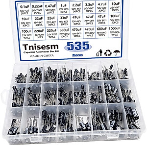 Tnisesm 535Pcs Electrolytic Capacitor 24 Value Range 0.1uF－1000uF Assortment Kit with Aluminum Radial Leads TN04-24Z