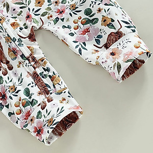 Karuedoo Western Baby Girl Clothes Cow Print Long Sleeve Romper Jumpsuit Zip Up Onesie Bodysuit Headband Cute Cow Outfit (A Beige, 0-3 Months)