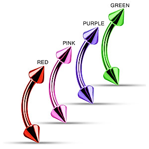 Curved Barbells 16Gx3/8(1.2x10MM) Purple NEON Anodized Over 316L Surgical Steel with 3MM Cone Eyebrow Jewelry