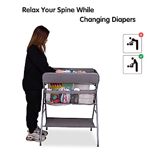 Baby Changing Table Nursing Station - Folding Diaper Table for Newborn Infant with Large Organizer Racks & Safety Belt, Grey