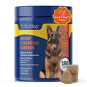 YoYoBay Calming Chews for Dogs - Dog Calming Chews for Anxiety Relief, Separation Aid, Travel, Thunderstorms - 180 Soft Chews, Duck & Pear Flavor - with Valerian Root, Melatonin, Hemp Oil