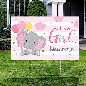 Baby Shower Yard Sign with Stake Gender Reveal Yard Sign Blue Pink Elephant Lawn Sign Baby Bear Lawn Sign Welcome Baby Announcement Sign for Boy Girl Outdoor Baby Shower Party Decorations(It's Girl)