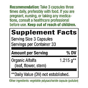 Nature's Way Premium Formula Organic Alfalfa Young Harvest 1215 mg per serving 100 Vcaps