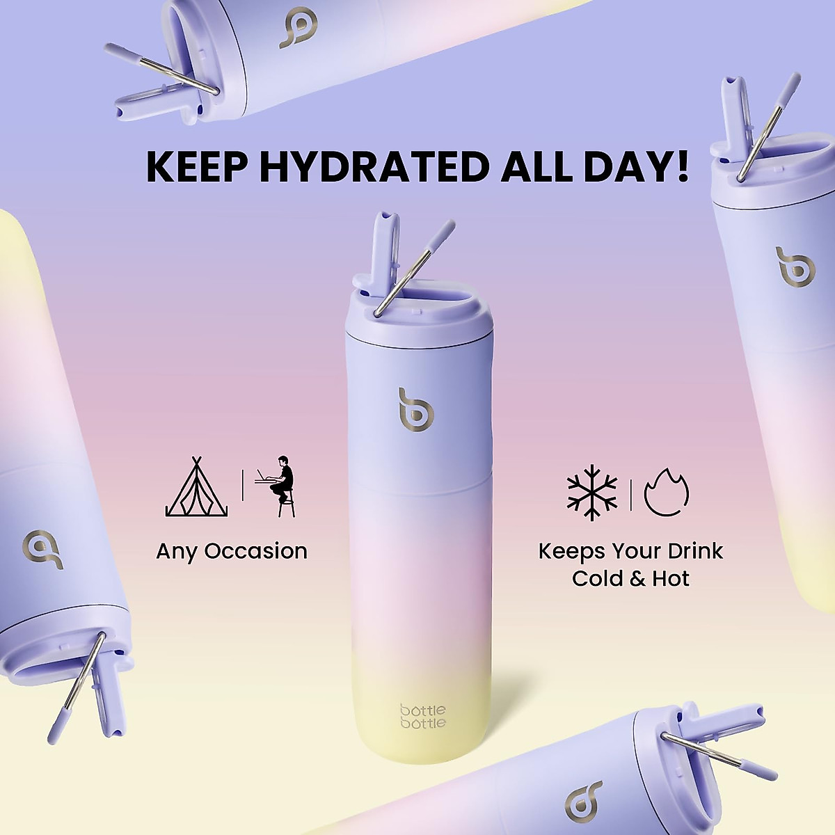 BOTTLE BOTTLE Insulated Water Bottle 24oz with Straw Lid and Handle for Sports Travel Gym Stainless Steel Water Bottles Double-Wall Vacuum Metal Thermos Bottles Leak Proof BPA-Free (purplepinkyellow)