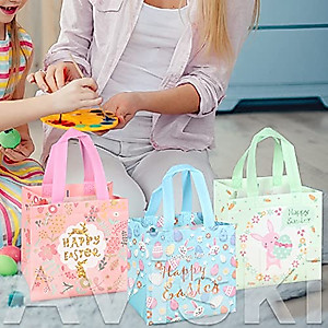 6PCS Happy Easter Egg Hunt Bags Bunny Carrot Chick Metallic Printing Gift with Handles, Treat Bags, Multifunctional Non-Woven for Gifts Wrapping, Party Supplies , 8.3×7.9×5.9inch