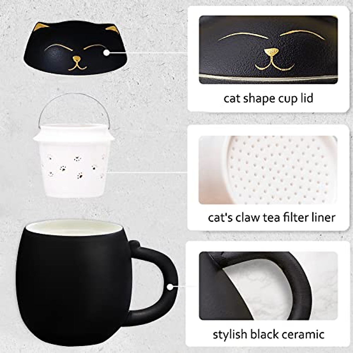 Liywall - Ceramic Tea Mug with Infuser and Lid, Cat Design Handmade Porcelain Tea Cup Strainer With Portable Shockproof Storage Case for Travel Office Home,Wife Girlfriend Gift - Black