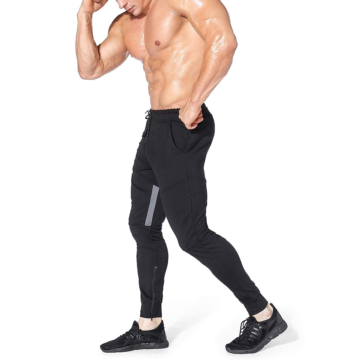 BROKIG Mens Gym Jogger Pants,Casual Slim Workout Sweatpants with Zipper Pockets Bodybuilding Athletic Pants(Black,M)