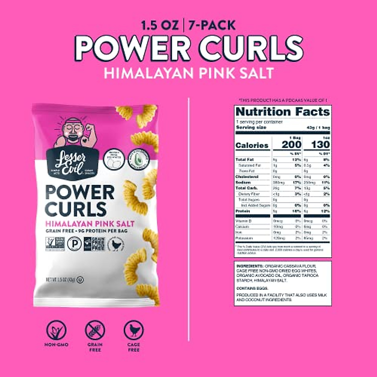 LesserEvil Himalayan Pink Salt Power Curls, Grain Free, Minimally Processed, Avocado Oil, Egg White Protein, 1.5 Oz, Pack of 7
