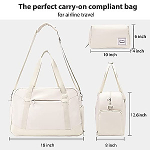 LONG VACATION Women's Travel Duffel Bag with Toiletry Bag, Sports Gym Bag Weekendeer Carry-on Tote with Shoe Compartment and Wet Pocket, School Yoga Bag Fit 15.6inch Laptop (APRICOT WHITE, 18-inch)