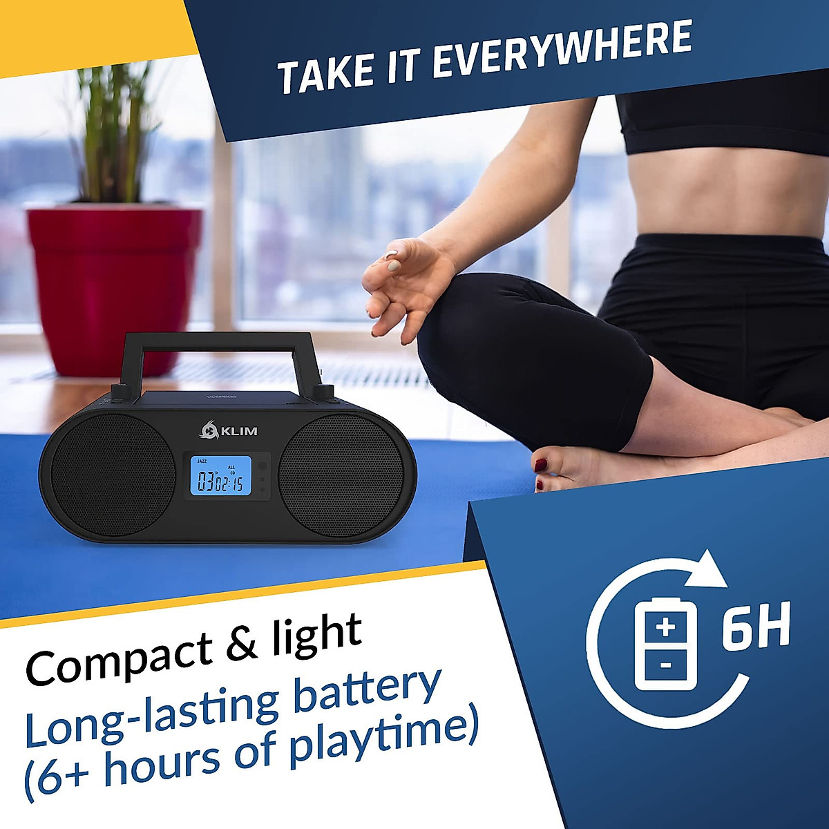 KLIM Boombox B4 CD Player Portable Audio System + AM/FM Radio with CD Player, MP3, Bluetooth, AUX, USB + Wired & Wireless Mode, Rechargeable Battery + Remote Control, Autosleep, Digital EQ + New