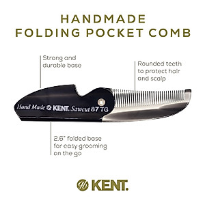 Kent 87T Graphite Handmade Folding Pocket Comb for Men, Fine Tooth Hair Comb Straightener for Everyday Grooming Styling Hair, Beard or Mustache, Saw Cut Hand Polished, Made in England