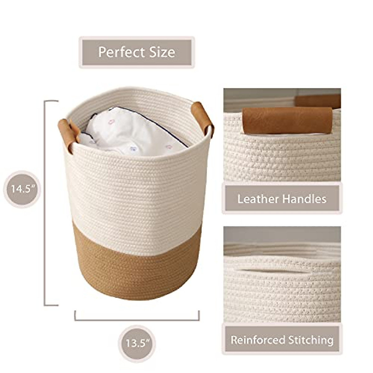 OHROS 1 Piece Woven Baskets For Storage Rope Laundry Basket For Organizing Hamper Boho Cotton Laundry Basket For Bathroom Towel Blanket Closet Clothes Storage Toy Bin Round Tall Basket 13.5 X 14.5"
