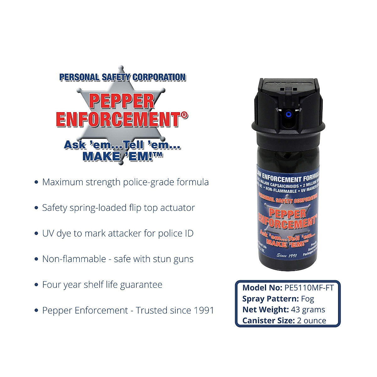 Pepper Enforcement PE510MF-FT Fogger Pepper Spray for Self Defense - Maximum Strength 10% OC Formula - Emergency Personal Protection & Safety Black