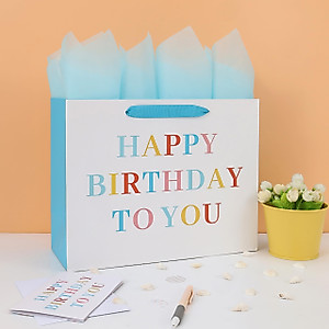 2 Pack 13” Large White Happy Birthday Gift Bags Set with Handles, Greeting Card, Tissue Papers and Stickers for Girls Boys Kids Women Men Party, Reusable Design, 2 Pcs