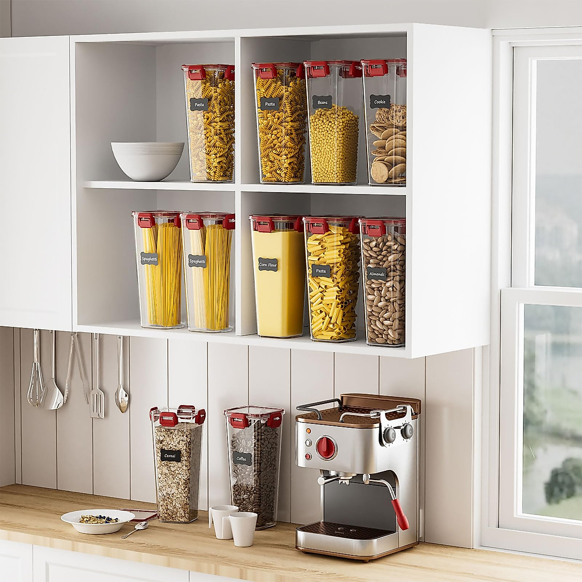 APLOP Cereal Containers, 2 Piece Set, Cereal Storage, Cereal Containers Storage, Storage Container, Clear & Red