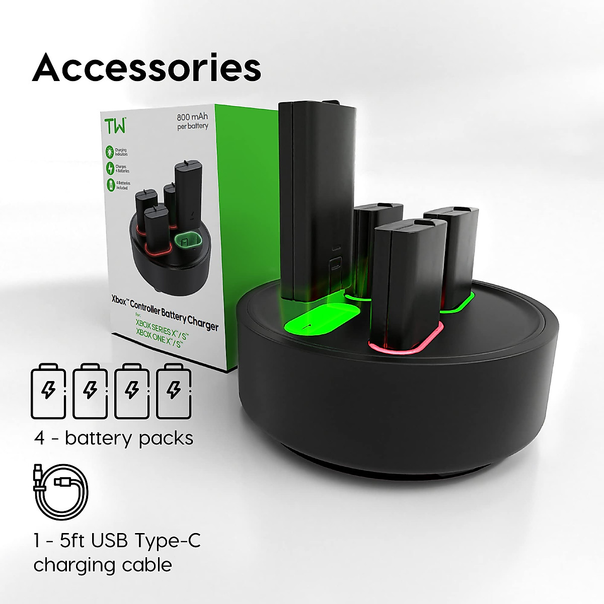 TalkWorks Xbox Battery Charger Station w/ 4 Rechargeable Batteries - 5' Cable Light Up USB-C Multi-Battery Charging Pack for X-Box Game (Black)