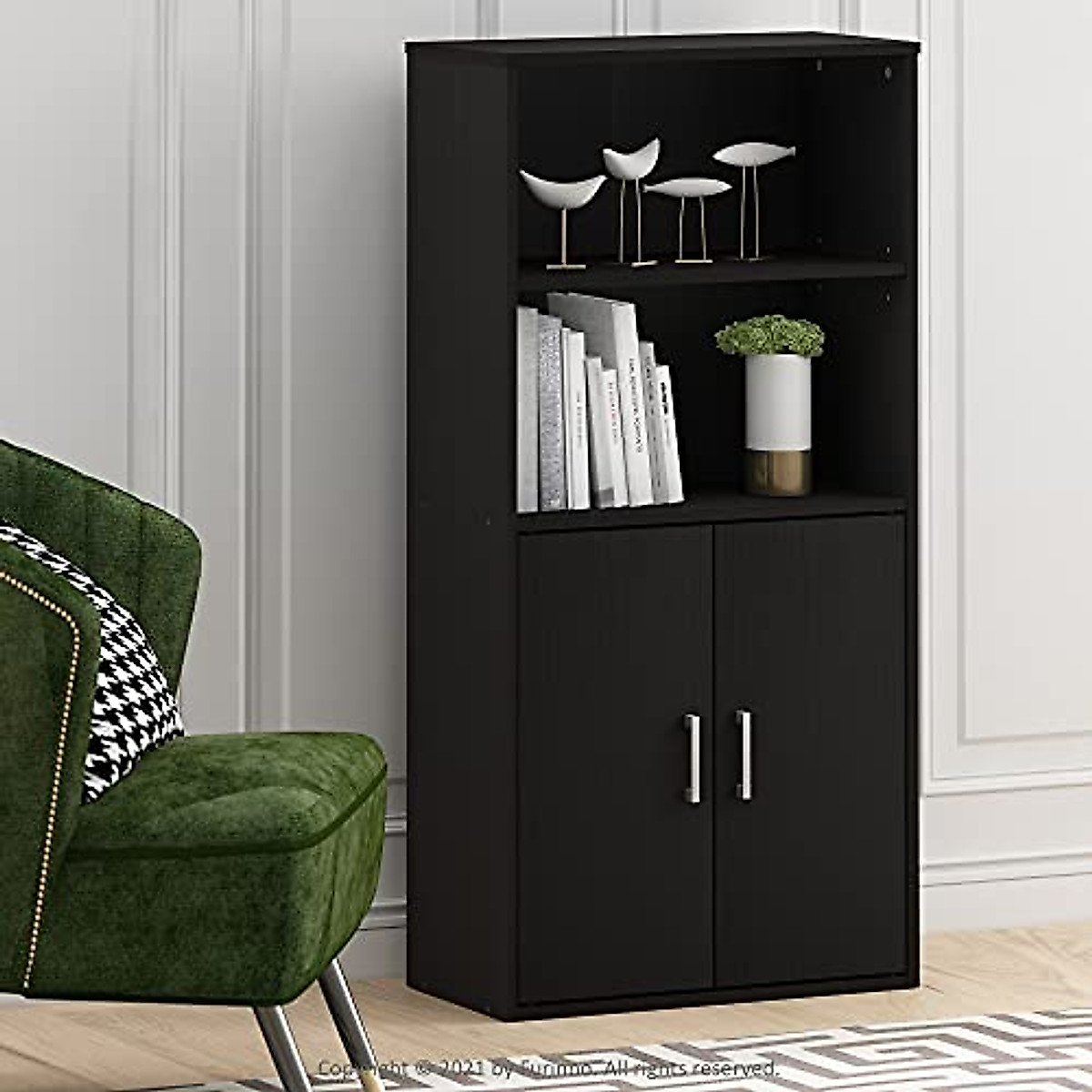 Furinno Pasir Storage Cabinet with 2 Open Shelves and 2 Doors, Black Oak