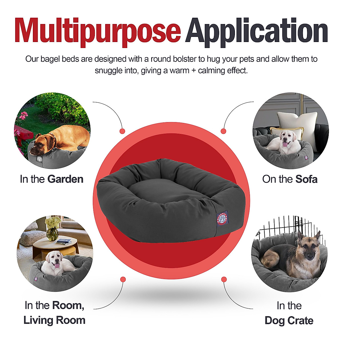 Majestic Pet Dog Bagel Calming Bed, 40x29x9in, Soft Round Pet Bed with Spine Support, Fluffy Donut Dog Bed, Large, Gray