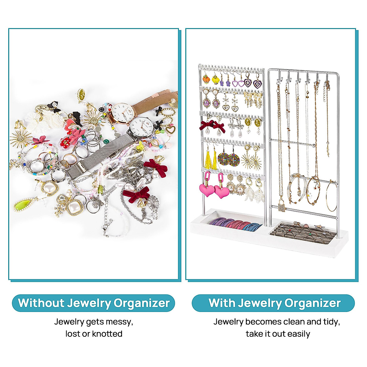 Vtopmart Jewelry Holder Organizer Stand Tree for Earring Necklace Ring Bracelets Display and Storage, with 90 Holes, 12 Hooks, Silver+White