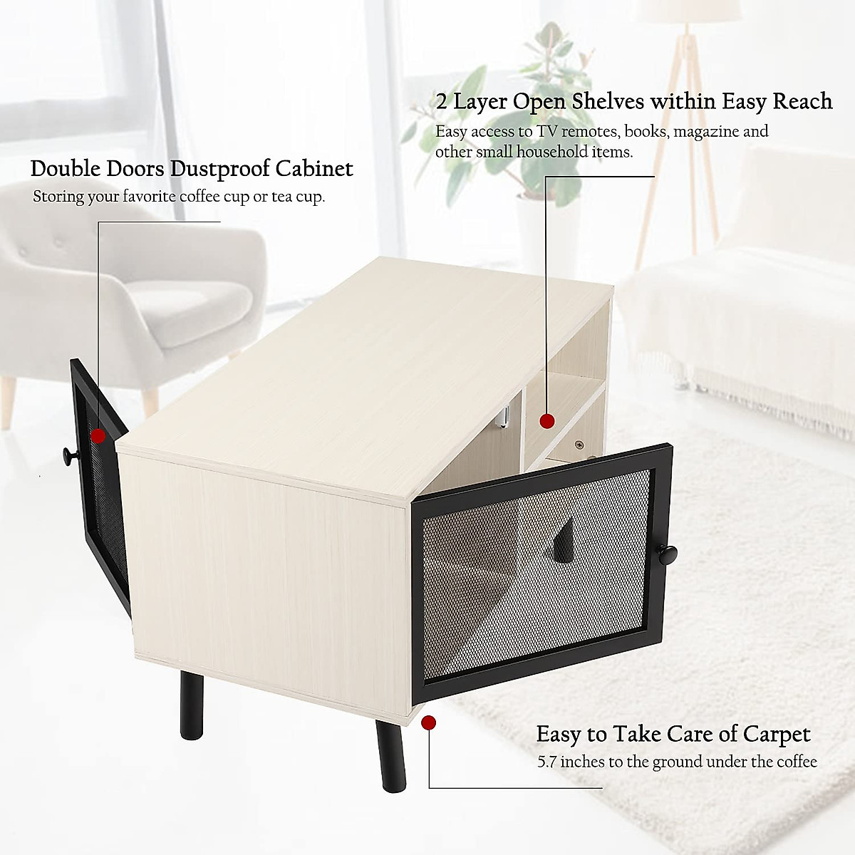 LTMEUTY Coffee Table for Living Room, Mid-Century Modern Coffee Table with Double Mesh Doors & Open Storage Shelves, Wood and Metal Cocktail Table, Accent Furniture, White Wood Grain